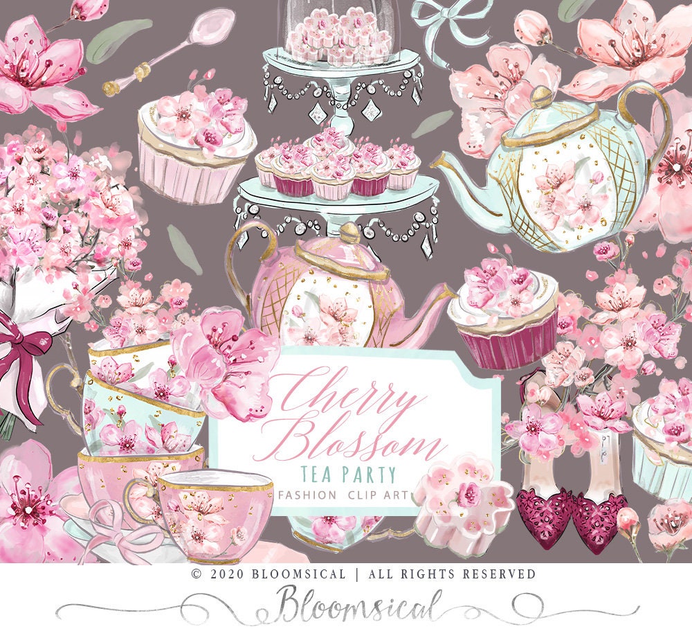 Cherry Blossom Tea Party Clipart Spring Floral Sakura - Etsy