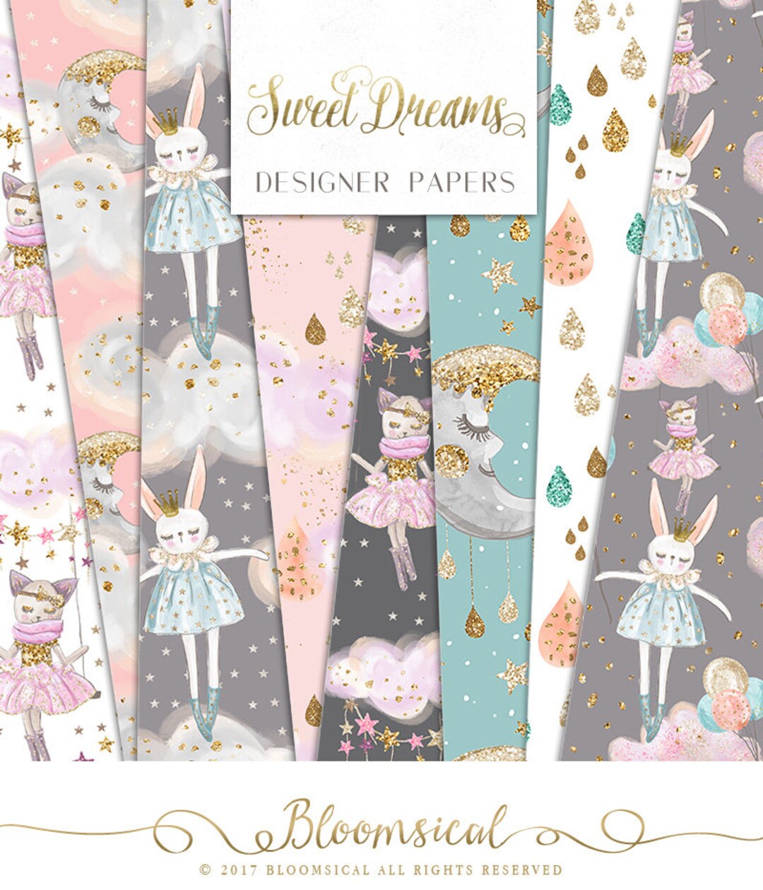 Sweet Dreams Digital Paper Pack Cat Bunny Stars Clouds Moon Kids ...