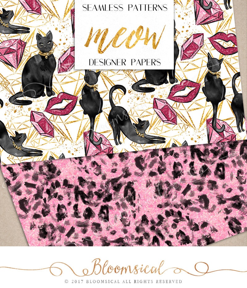 Meow Cat Digital Paper Pack Watercolor Cats Jewels Gold - Etsy
