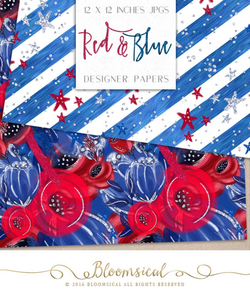 Red Blue Digital Papers 4th of July Hand painted Floral | Etsy