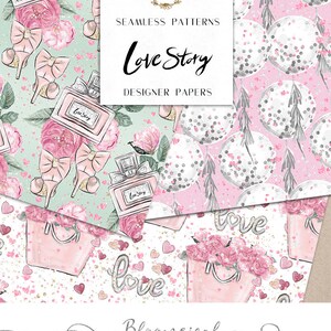 Valentine's Day Digital Papers Love Hearts Flowers Romantic Silver Gold ...