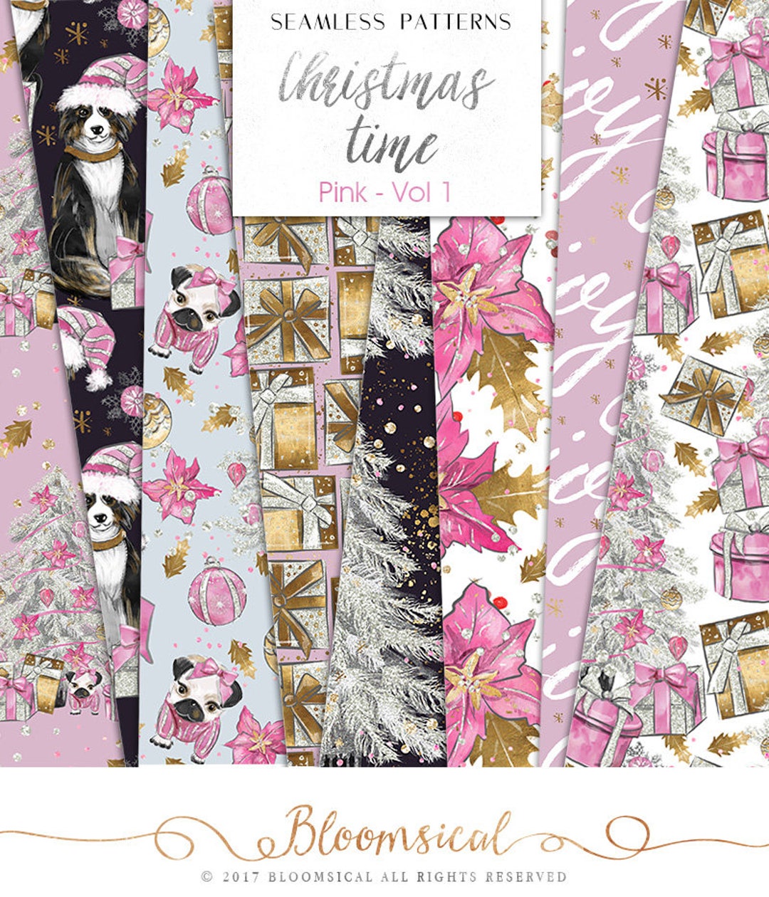 Christmas Digital Paper Holidays Tree Decoration Gifts Dogs Winter Pink ...