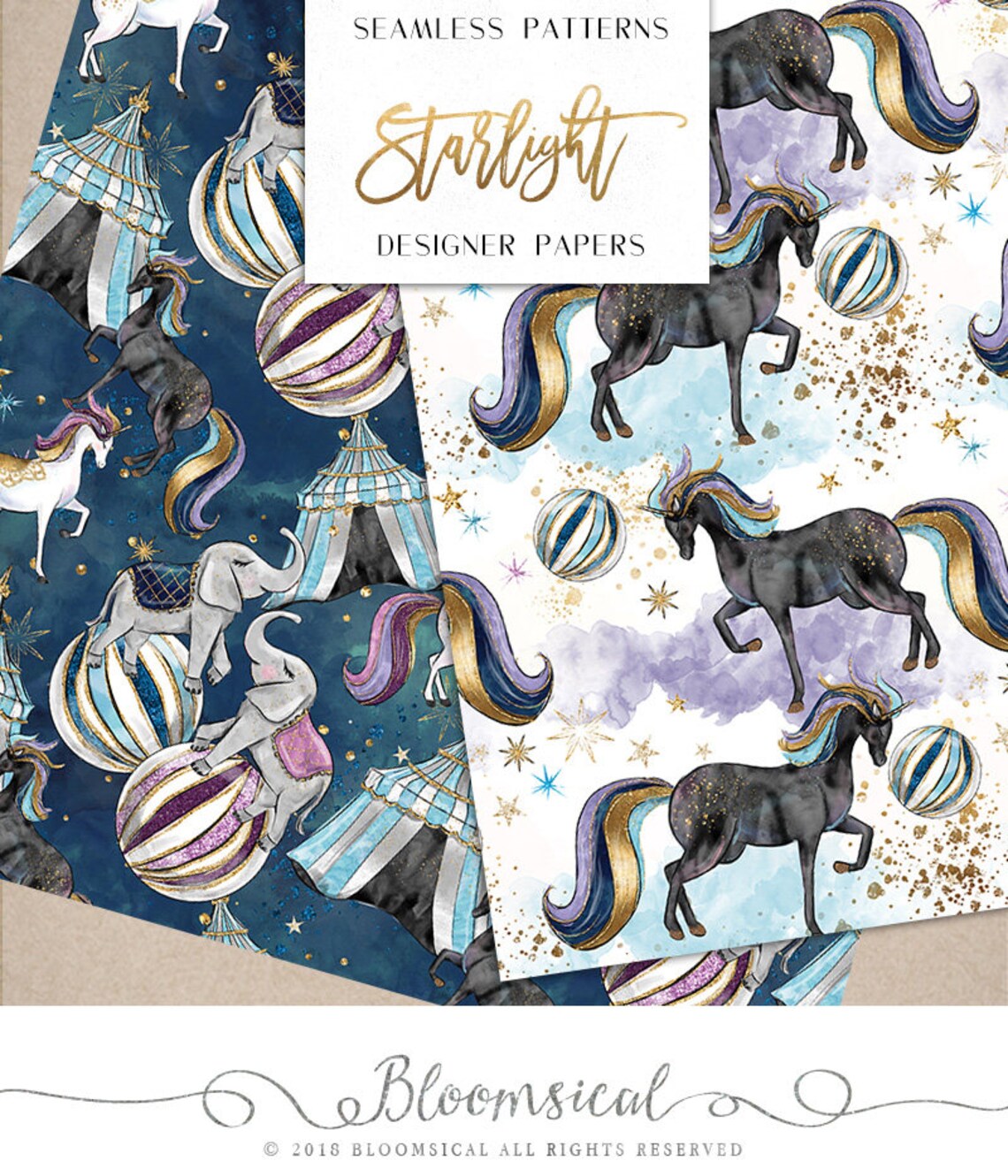 Circus Digital Papers Unicorn Cute Elephant Sky Stars Clouds | Etsy