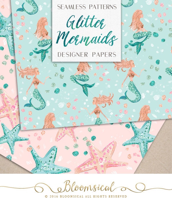 Mermaid Digital Papers Hand Painted Glitter Mermaids - Etsy