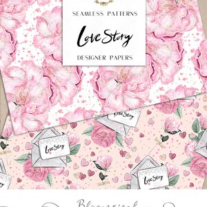 Valentine's Day Digital Papers Love Hearts Flowers Romantic Silver Gold ...