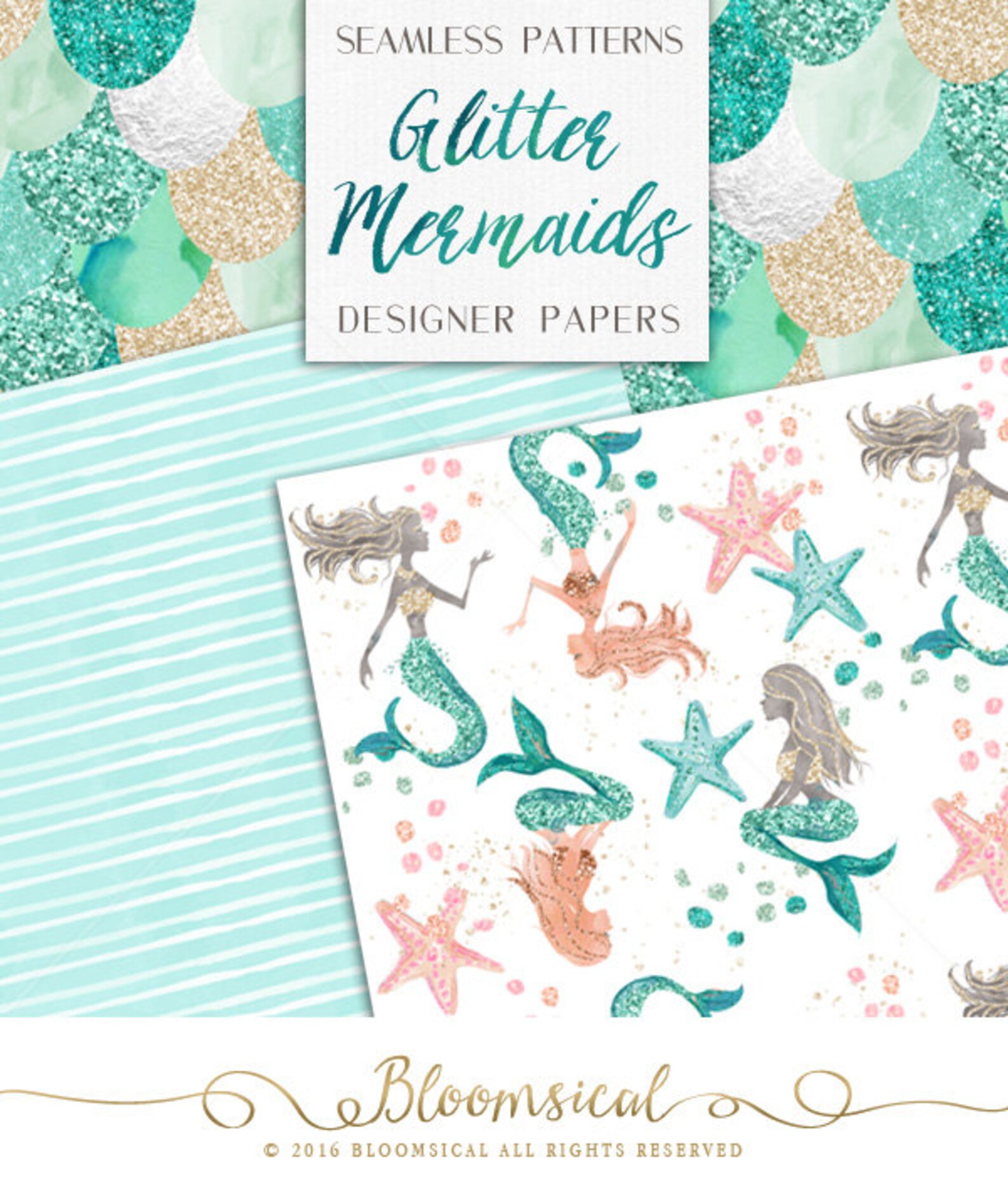 Mermaid Digital Papers Hand Painted Glitter Mermaids - Etsy