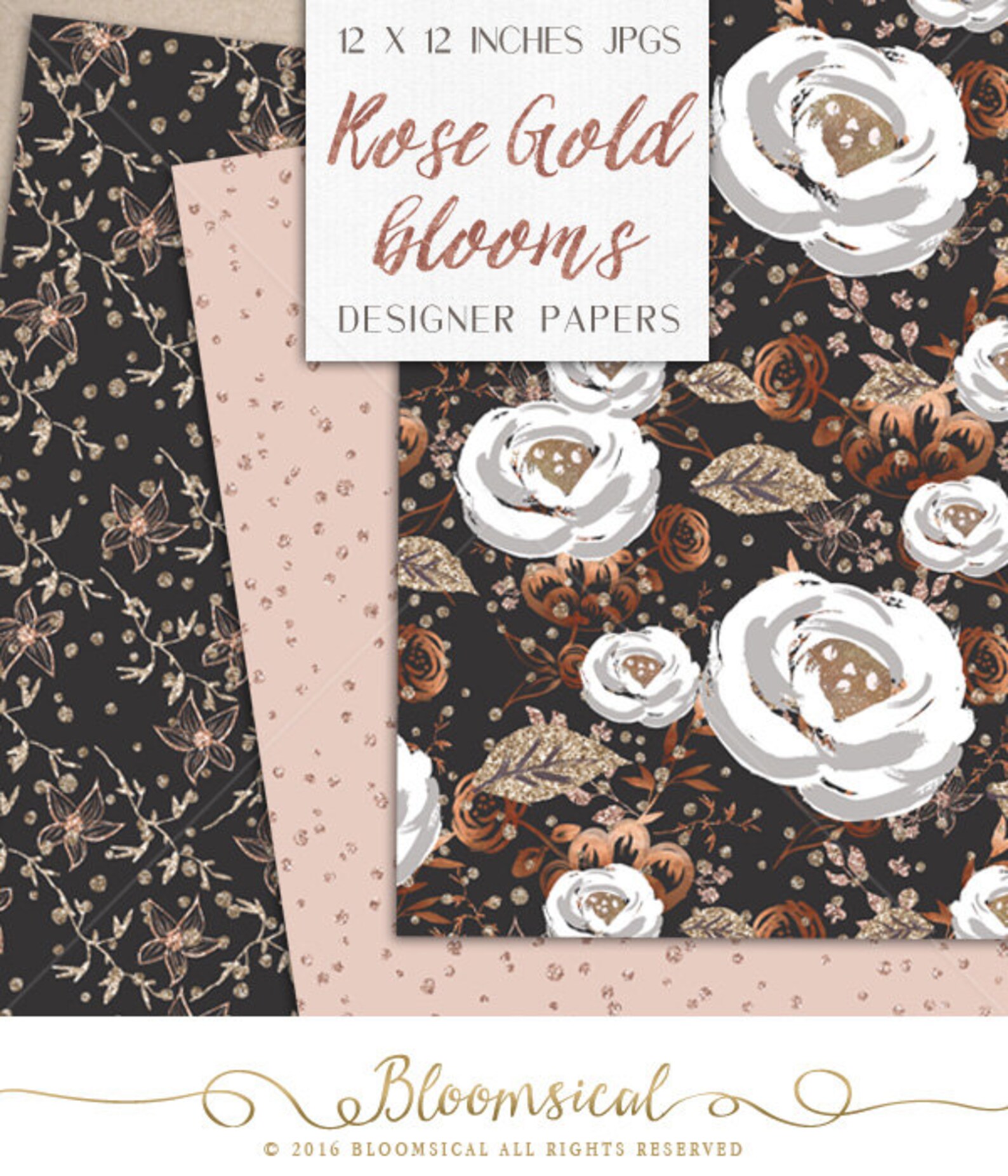 Rose Gold Floral Digital Papers Hand Drawn Flowers Foliage - Etsy