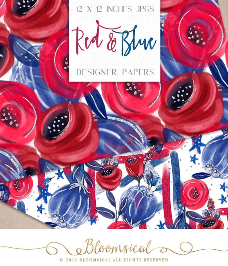 Red Blue Digital Papers 4th of July Hand painted Floral | Etsy