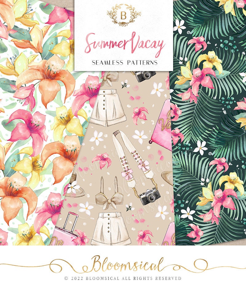 Summer Vacay Digital Papers Watercolor Tropical Vacation | Etsy