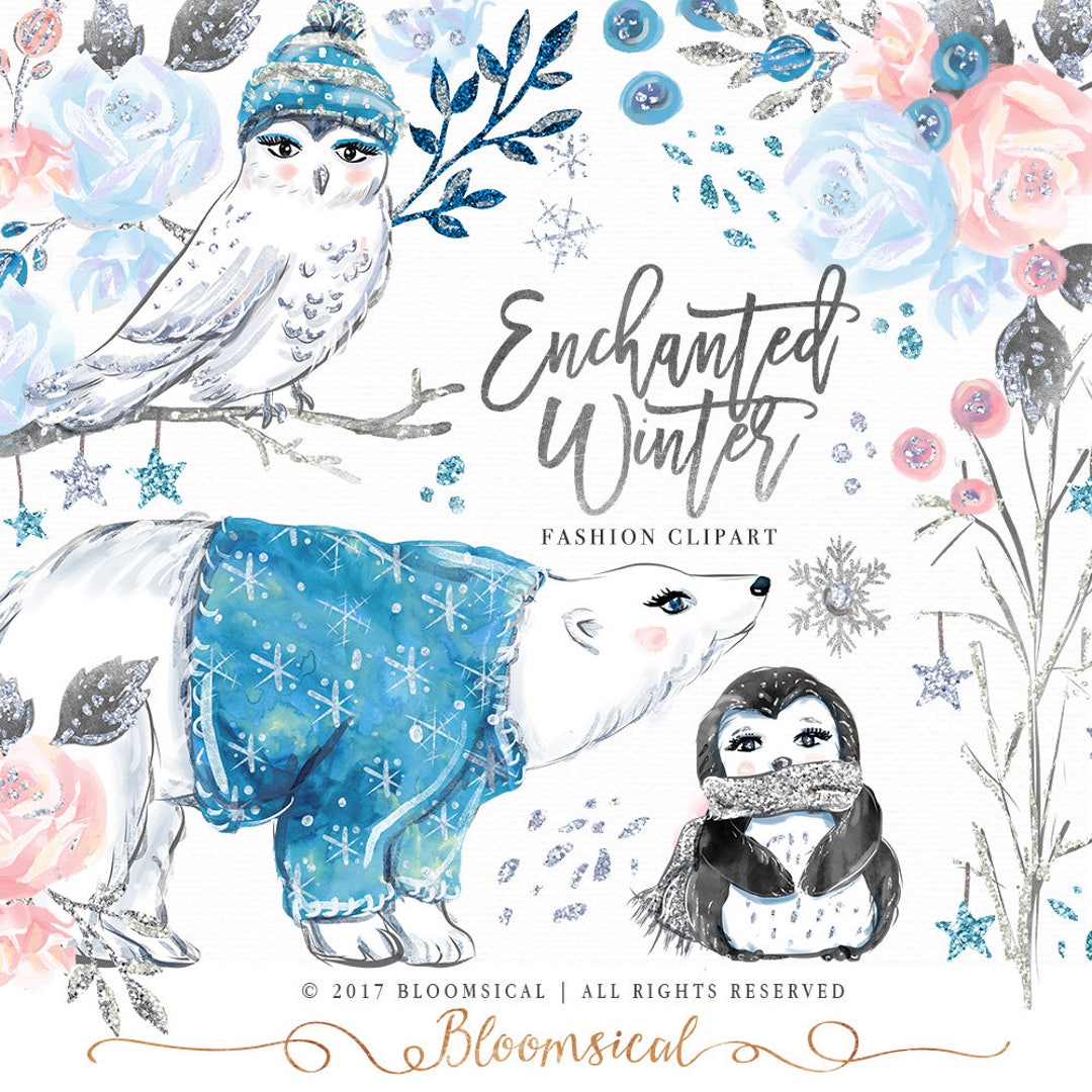 Winter Clip Art Enchanted Animals Bear Penguin Owl Flowers - Etsy