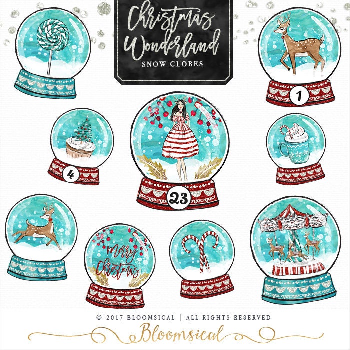 Christmas Wonderland Snow Globes Clip art Winter Count Down | Etsy