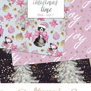 Christmas Digital Paper Holidays Tree Decoration Gifts Dogs Winter Pink ...