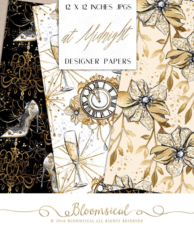 New Year's Eve Digital Paper Clock Champagne Flowers Sliver Gold ...