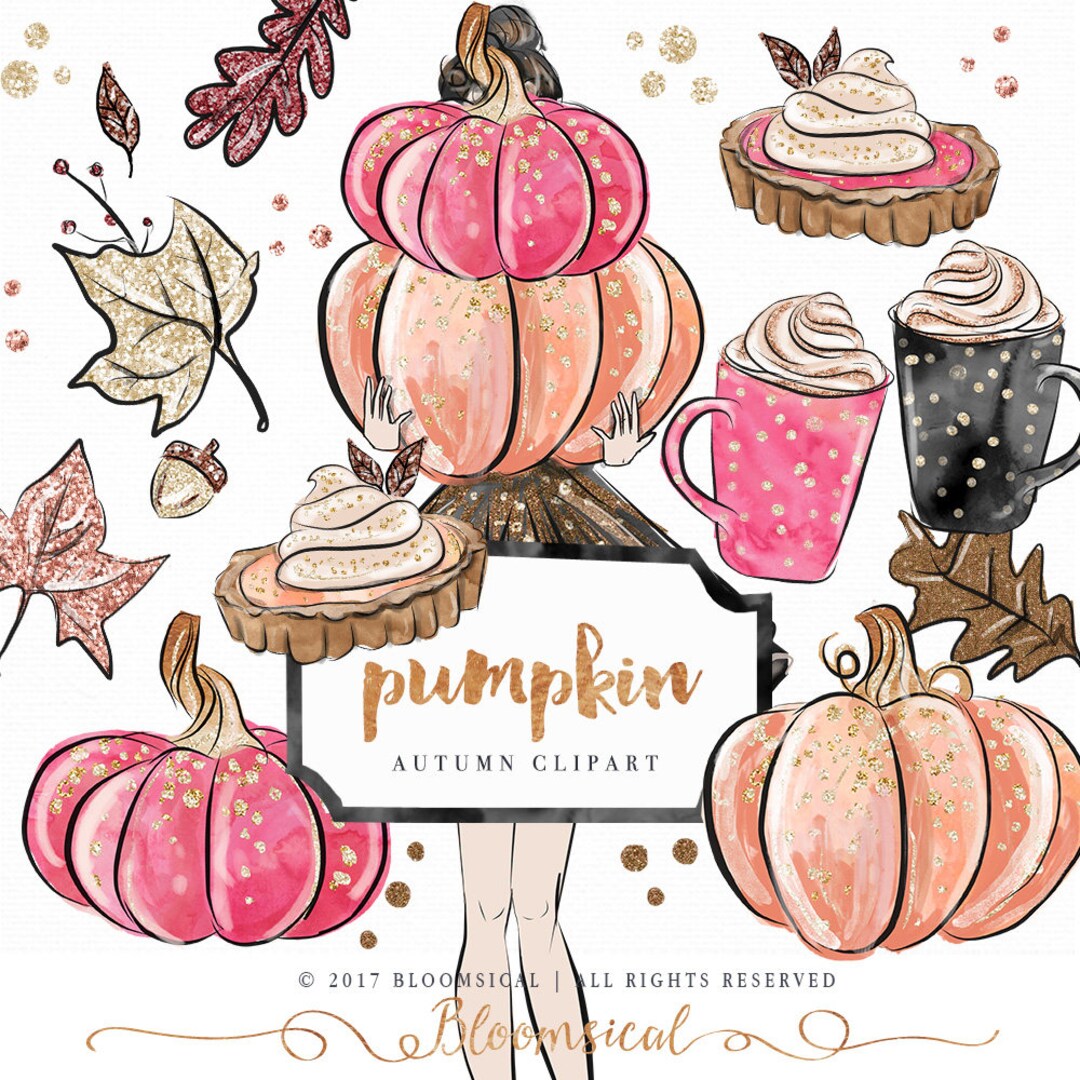 Pumpkin Clip Art Hand Drawn Autumn Leaves Fashion Illustrated Girl Fall ...