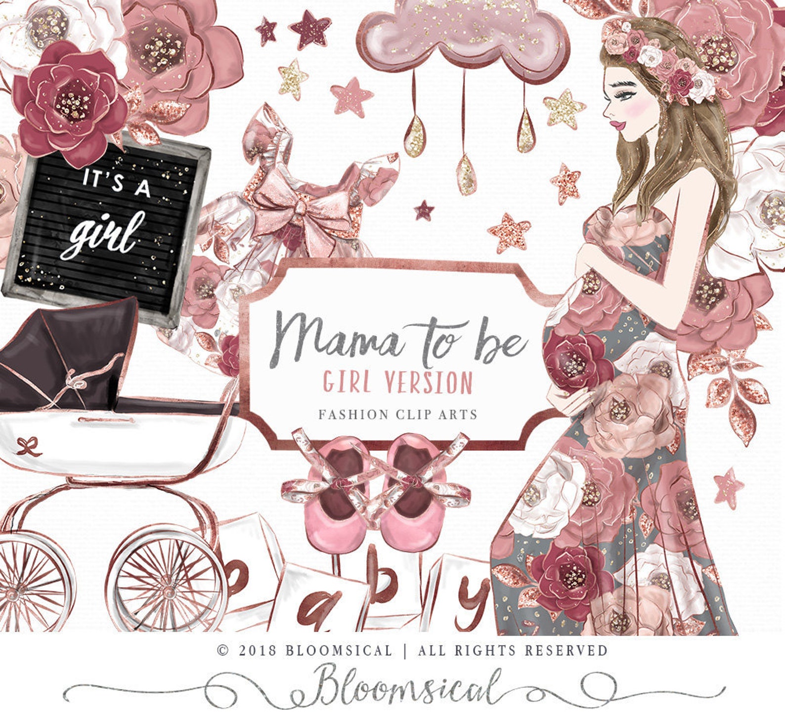Mother to Be Clip Art Pregnant Girl Rose Gold Glitter - Etsy