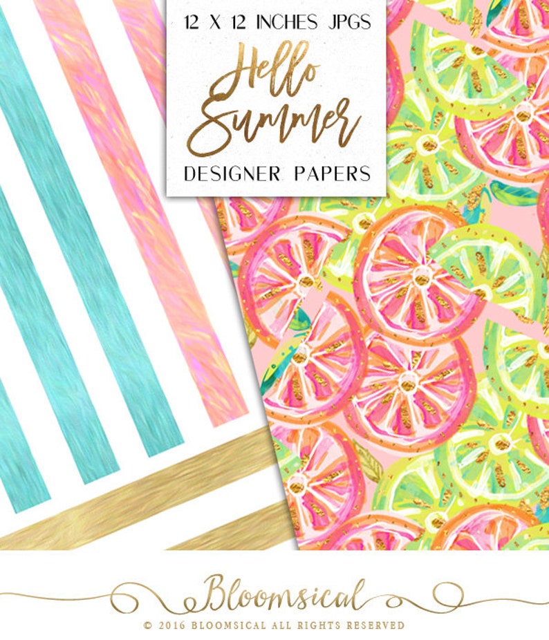 Summer Digital Papers Tropical Pineapple Lemon Oranges | Etsy