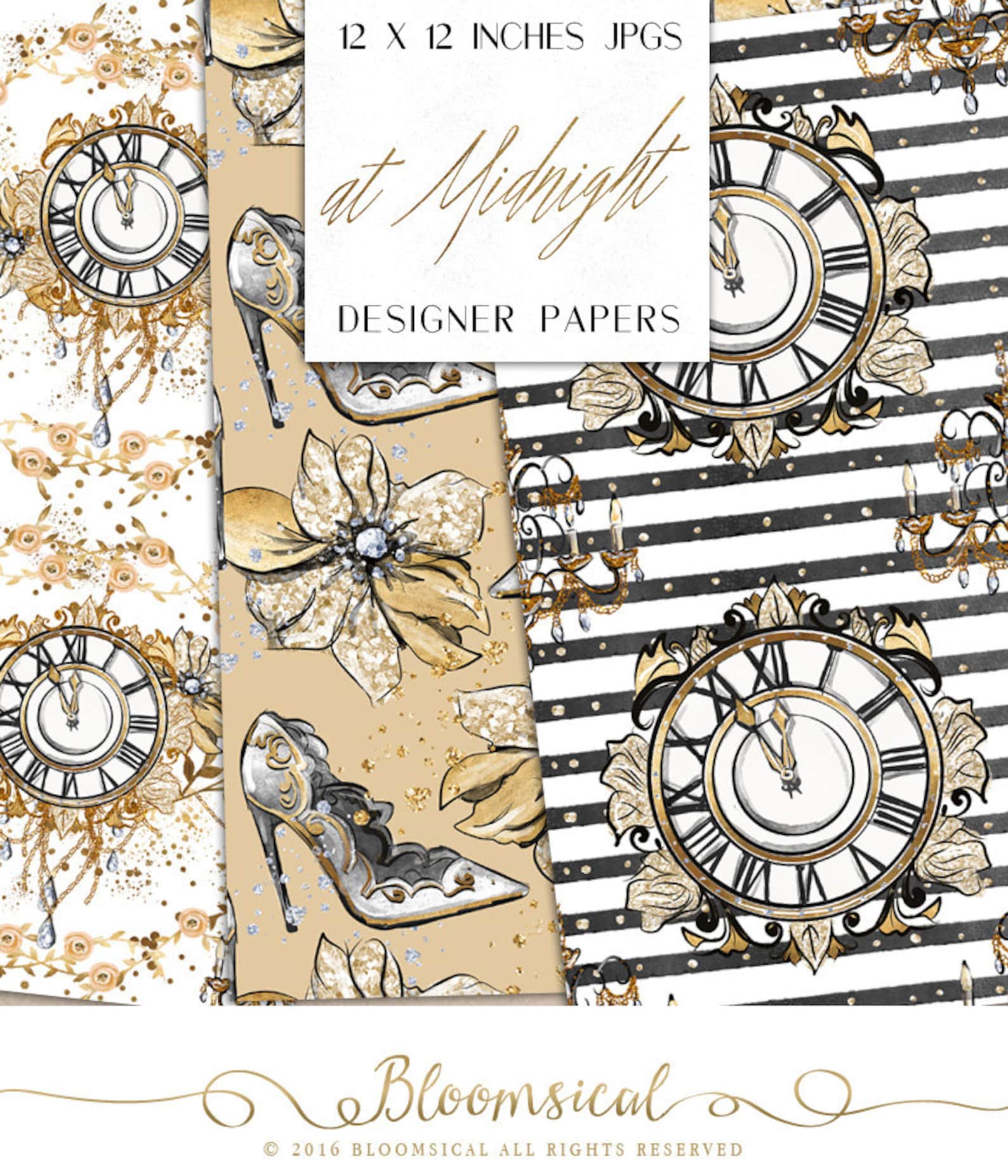 New Year's Eve Digital Paper Clock Champagne Flowers Sliver Gold ...
