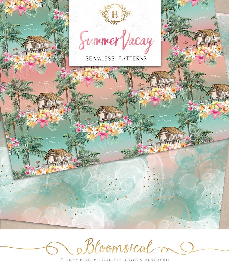 Summer Vacay Digital Papers Watercolor Tropical Vacation | Etsy