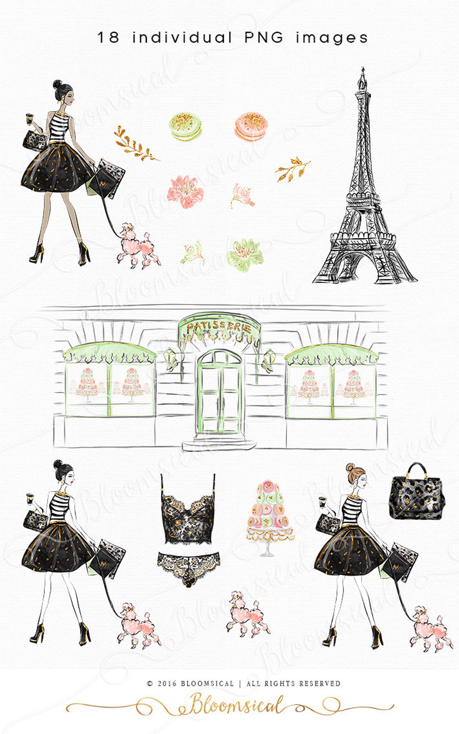 Paris Clip Art French Fashion Illustration Eiffel Tower Glam | Etsy