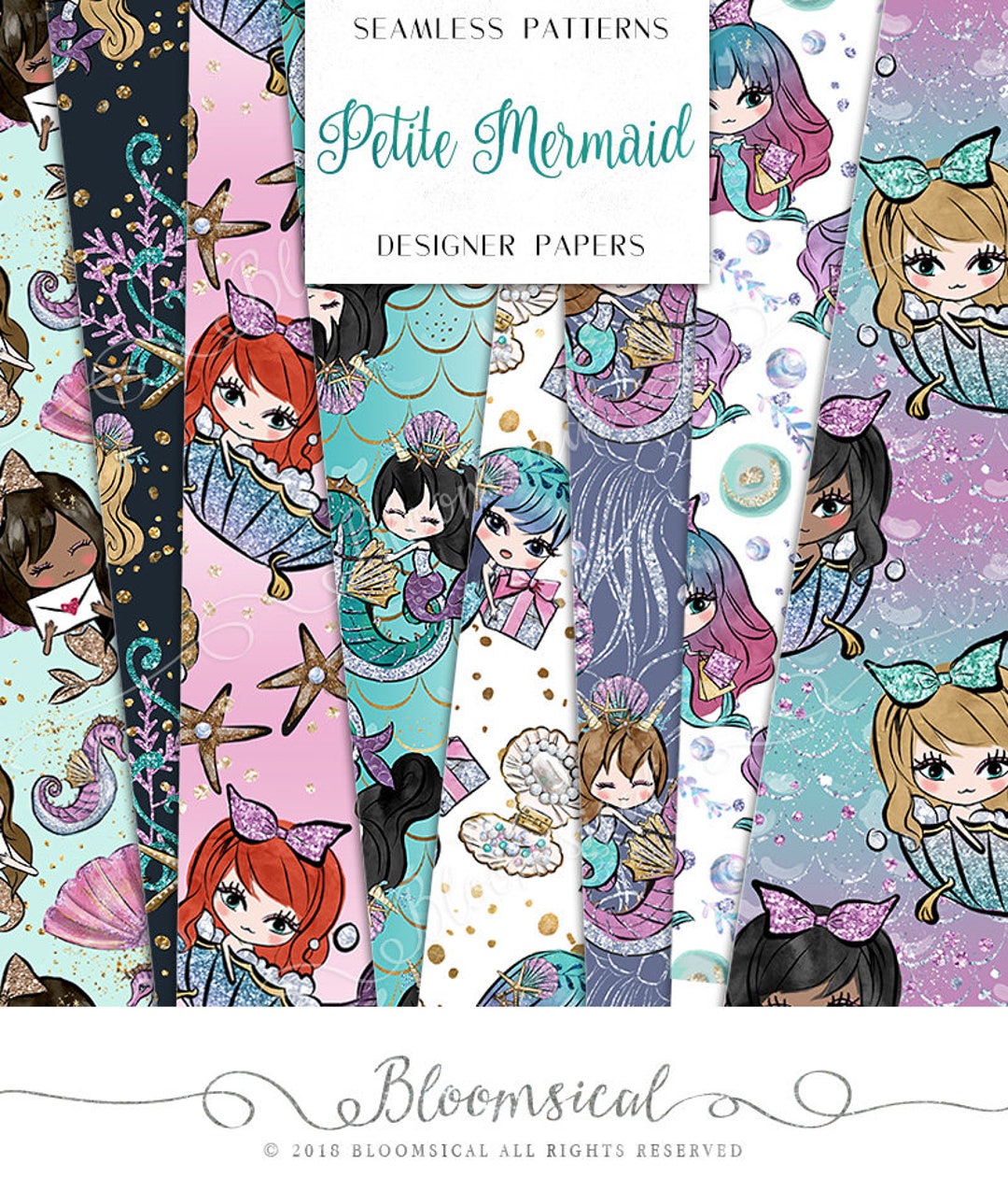 Mermaid Dolls Digital Papers | Mermaid Sea Horse Glitter Scale Seamless ...
