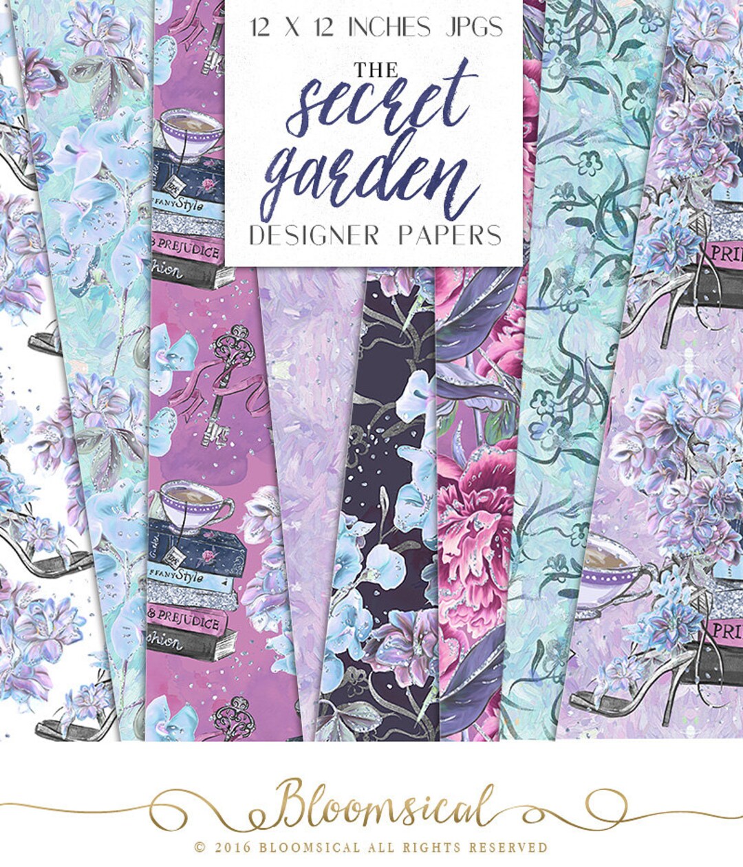 Secret Garden Digital Paper Books Tea Flowers Pack Fashion Seamless ...