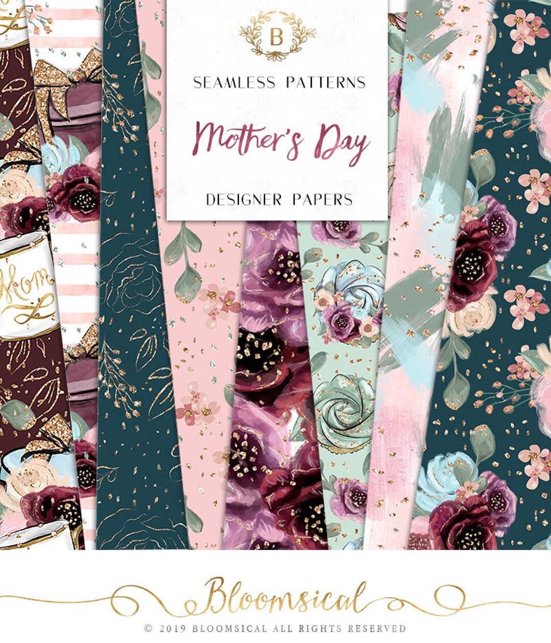 Mother's Day Digital Papers Flowers Bouquet Cake Celebration Gold ...