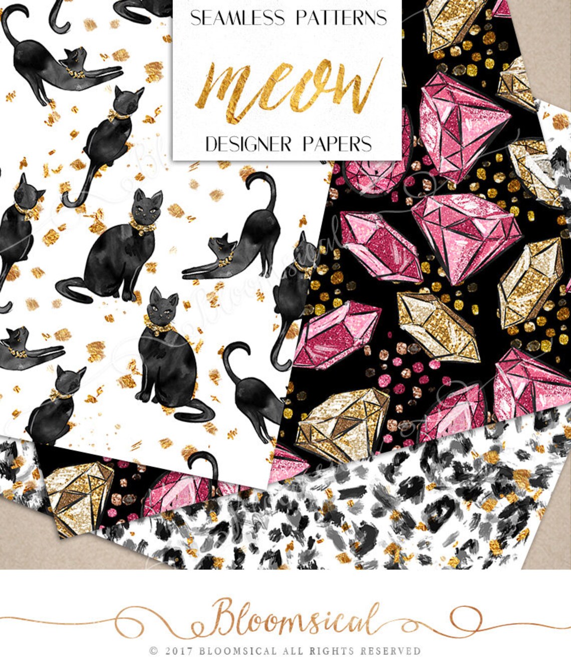 Meow Cat Digital Paper Pack Watercolor Cats Jewels Gold - Etsy