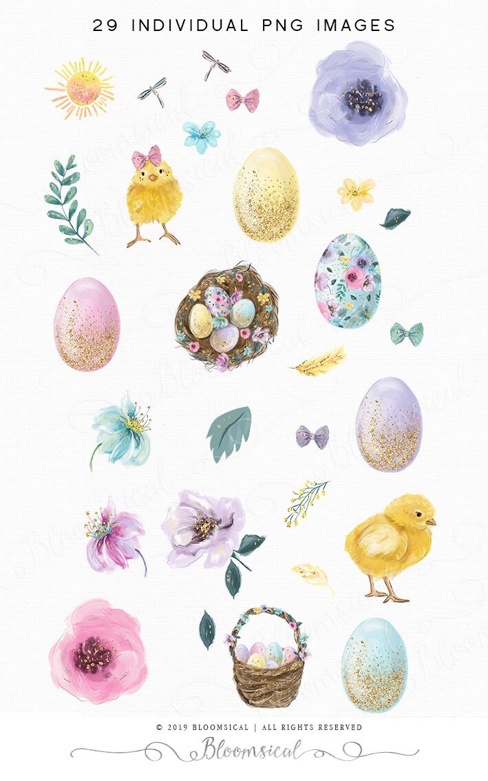 Easter Blooms Clip Art Spring Flowers Yellow Chick Eggs Gold - Etsy