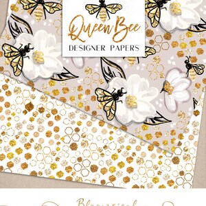Queen Bee Digital Papers | Bees Honeycomb Flowers Gold Foil Glitter ...