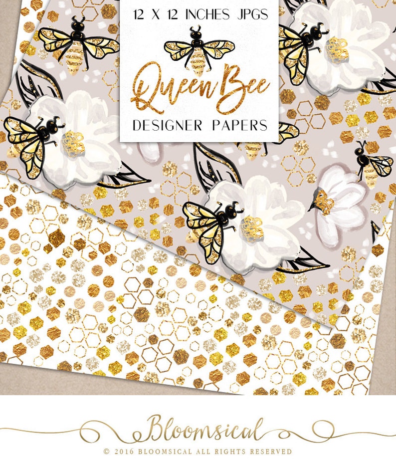 Queen Bee Digital Papers Bees Honeycomb Flowers Gold Foil - Etsy