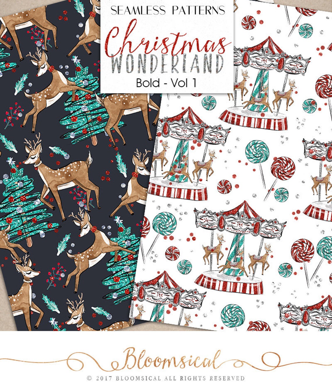 Christmas Digital Paper Pack Reindeer Peppermint Candy - Etsy