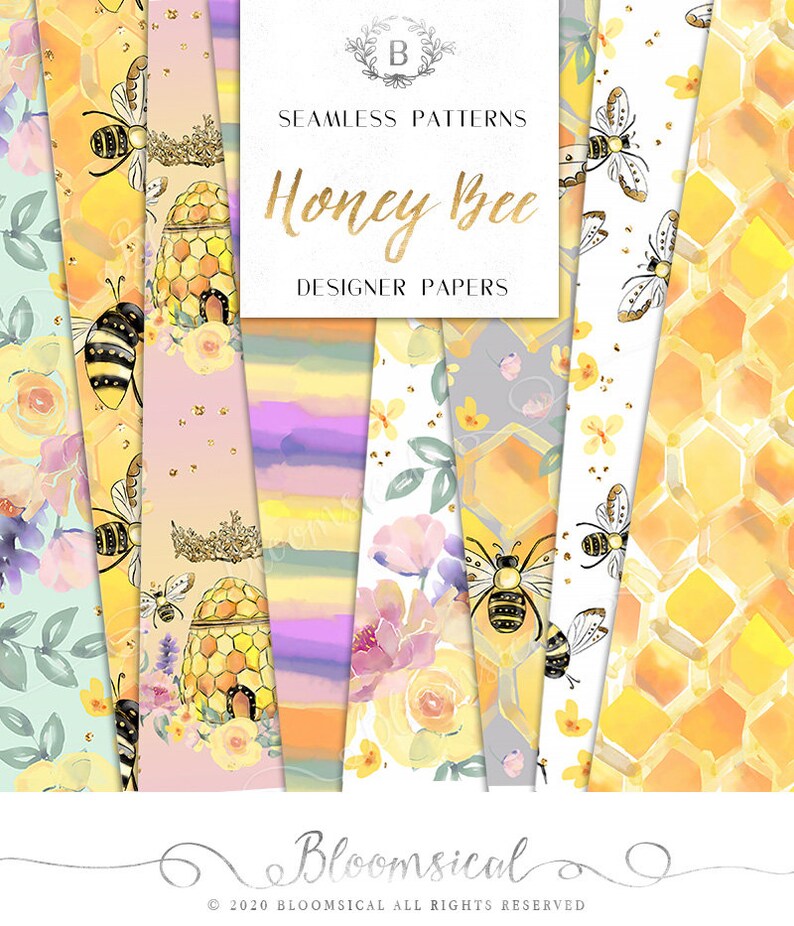 Honey Bee Digital Papers Flowers Honeycomb Gold Glitter | Etsy