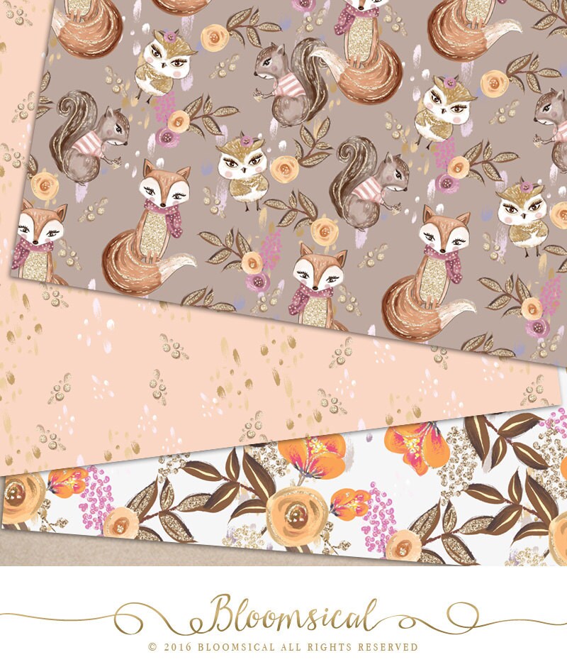 Woodland Digital Papers Fall Graphics Cute Glam Fox Owl | Etsy