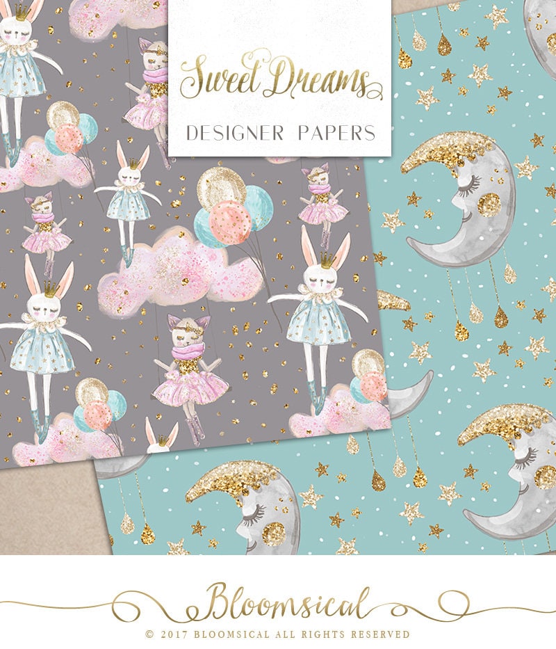 Sweet Dreams Digital Paper Pack Cat Bunny Stars Clouds Moon | Etsy