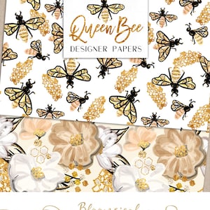 Queen Bee Digital Papers | Bees Honeycomb Flowers Gold Foil Glitter ...
