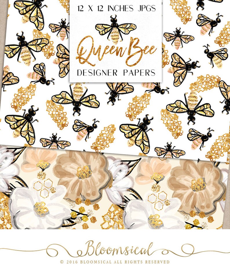 Queen Bee Digital Papers | Bees Honeycomb Flowers Gold Foil Glitter ...