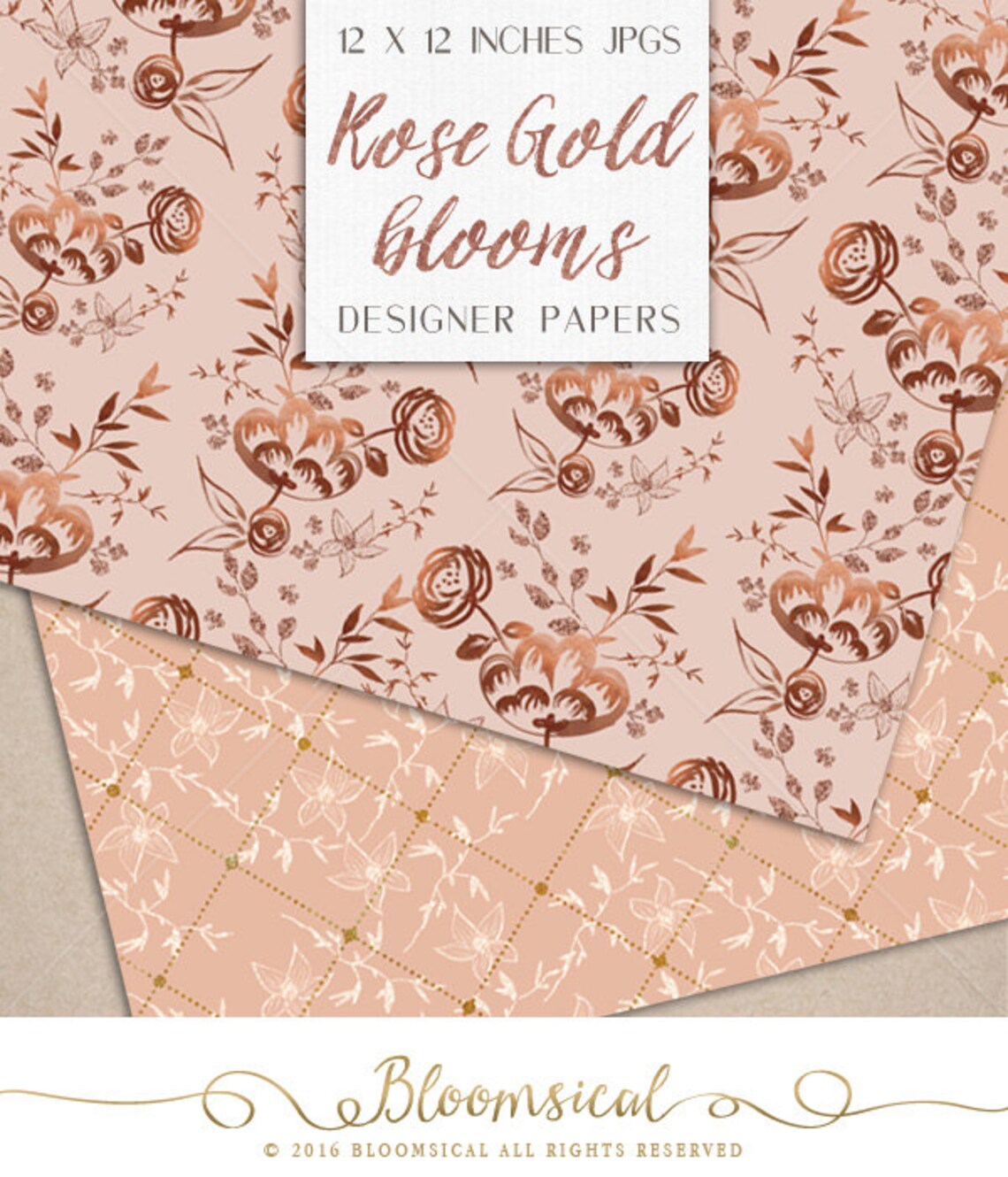 Rose Gold Floral Digital Papers Hand Drawn Flowers Foliage - Etsy