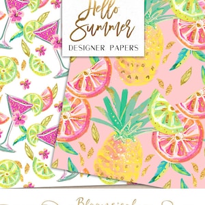 Summer Digital Papers Tropical Pineapple Lemon Oranges Cocktail Flowers ...