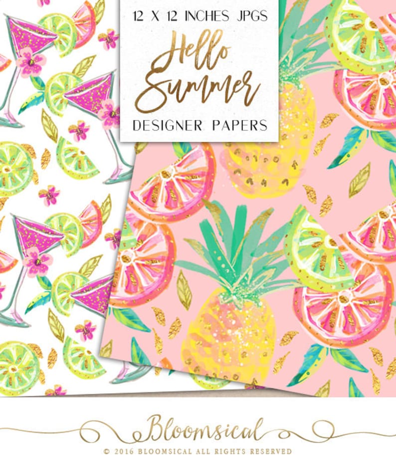 Summer Digital Papers Tropical Pineapple Lemon Oranges | Etsy