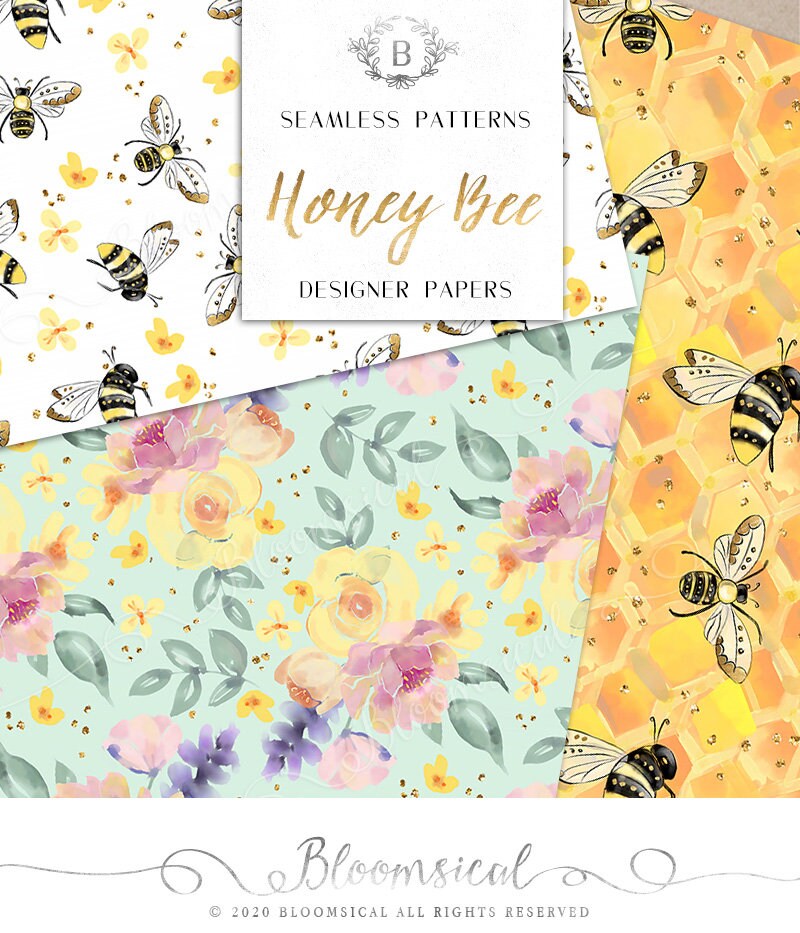 Honey Bee Digital Papers Flowers Honeycomb Gold Glitter | Etsy