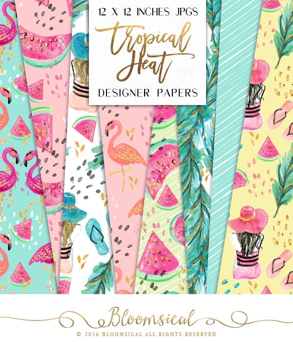 Tropical Digital Papers Summer Beach Girl Watermelon | Etsy
