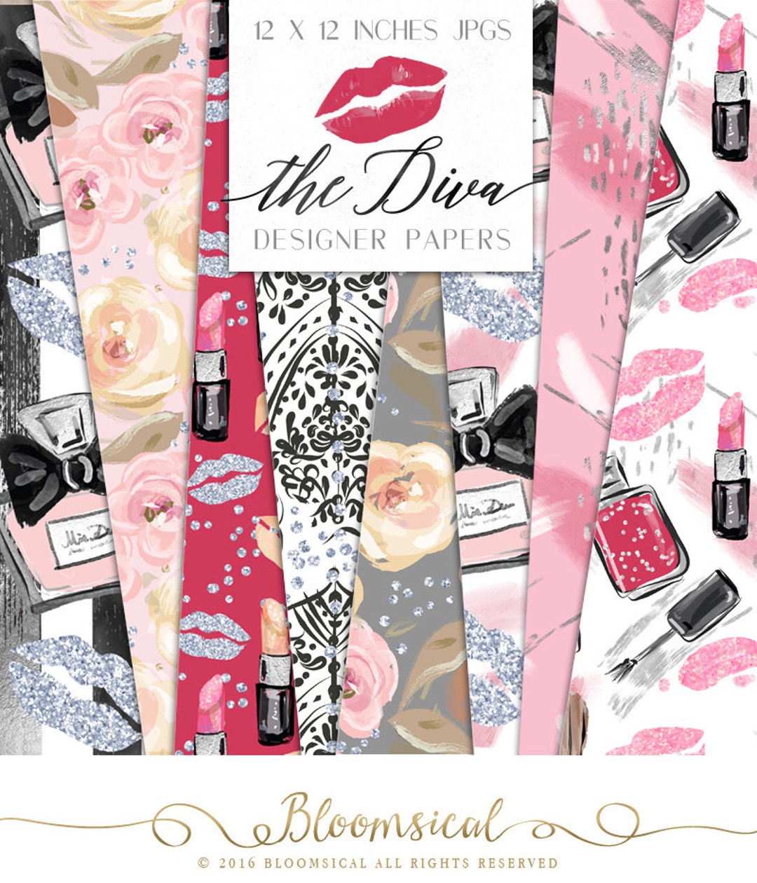 Beauty Digital Papers Fashion Diva Make up Lip Stick Kisses French ...