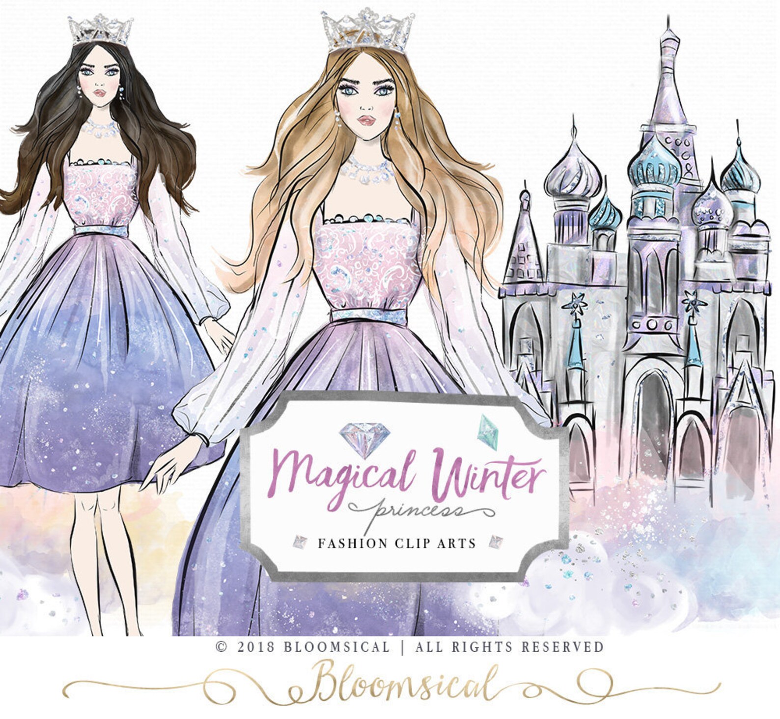 Winter Princess Clip Art Fashion Illustration Girl Castle | Etsy