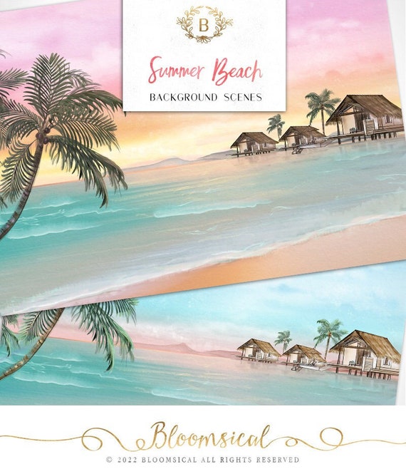 Summer Beach Watercolor Background Scenes Sunset Day A4 | Etsy