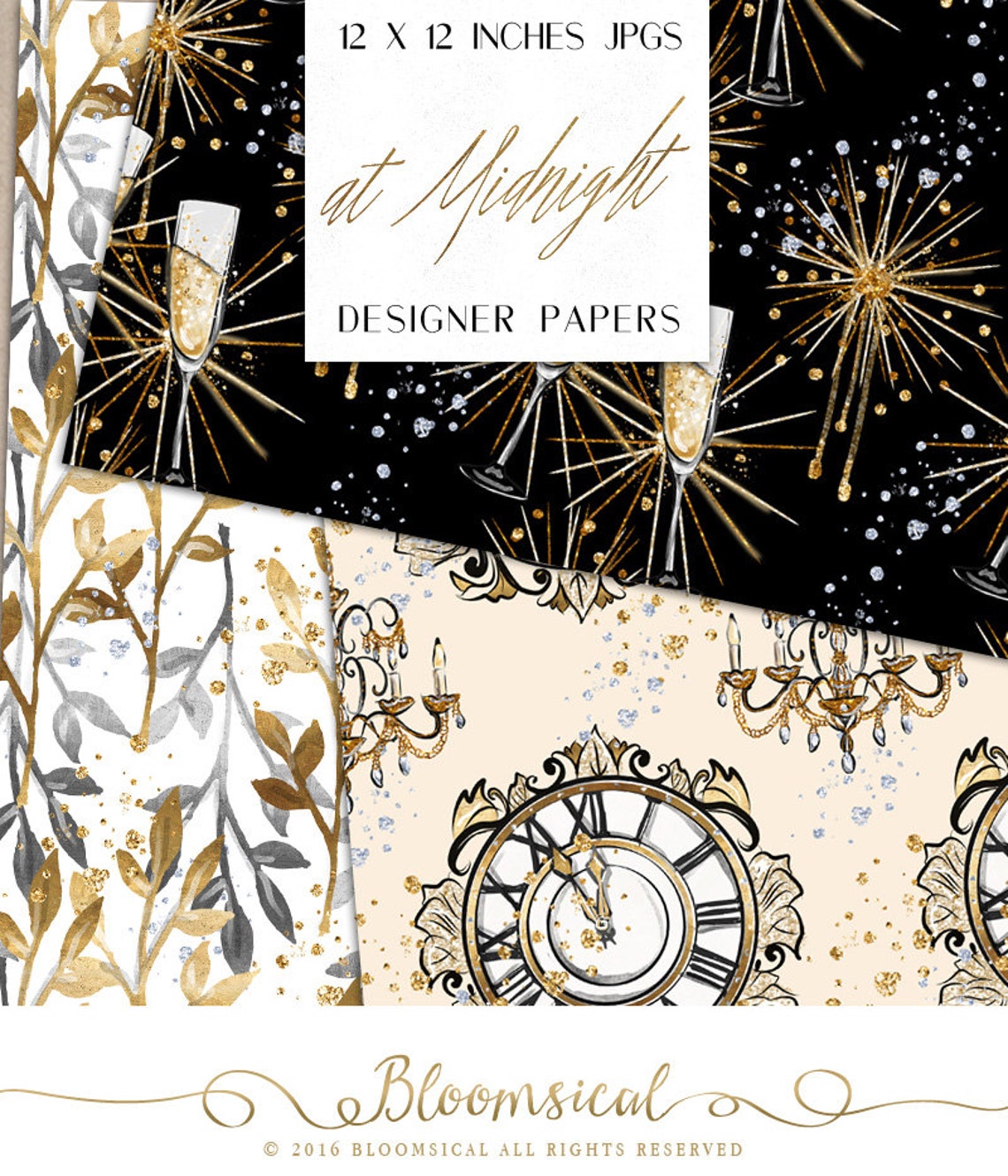 New Year's Eve Digital Paper Clock Champagne Flowers Sliver Gold ...