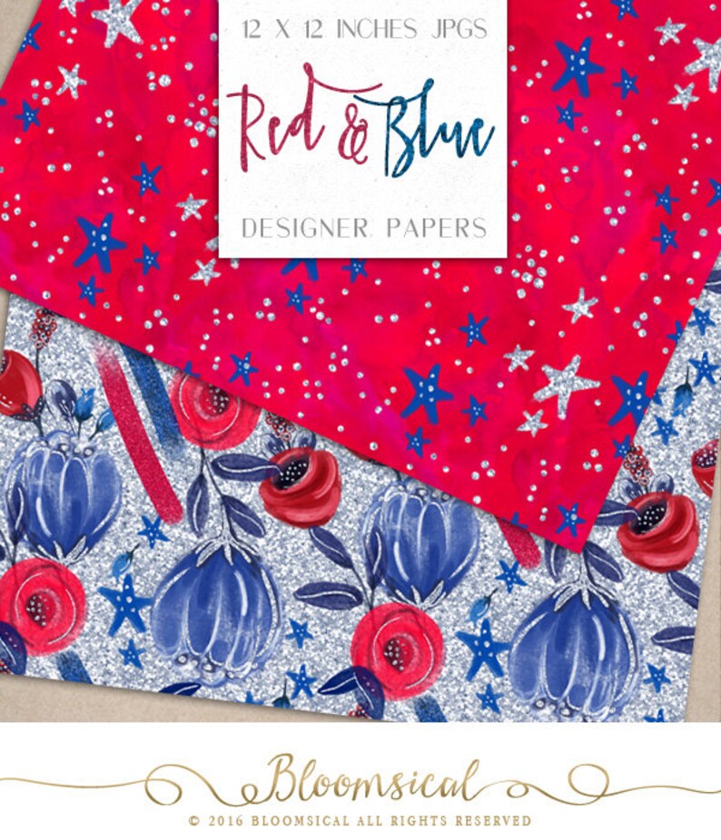Red Blue Digital Papers 4th of July Hand painted Floral | Etsy