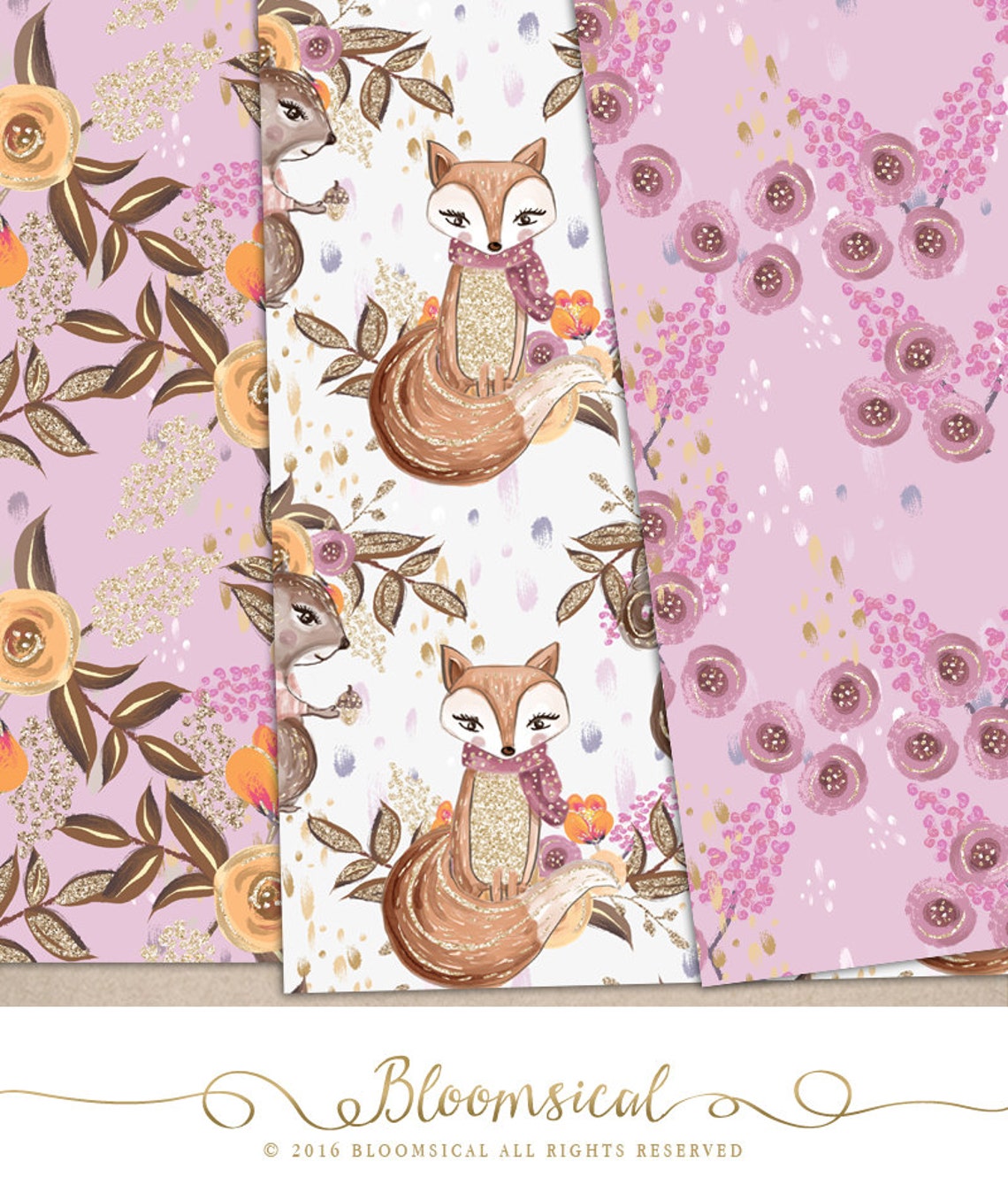 Woodland Digital Papers | Fall Graphics Cute Glam Fox Owl Squirrel ...