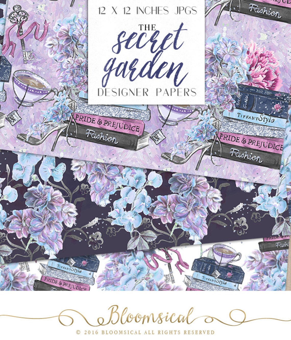 Secret Garden Digital Paper Books Tea Flowers Pack Fashion | Etsy