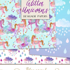 Unicorn Digital Papers | Glitter Unicorns Ponies Clouds Rainbow Pattern ...