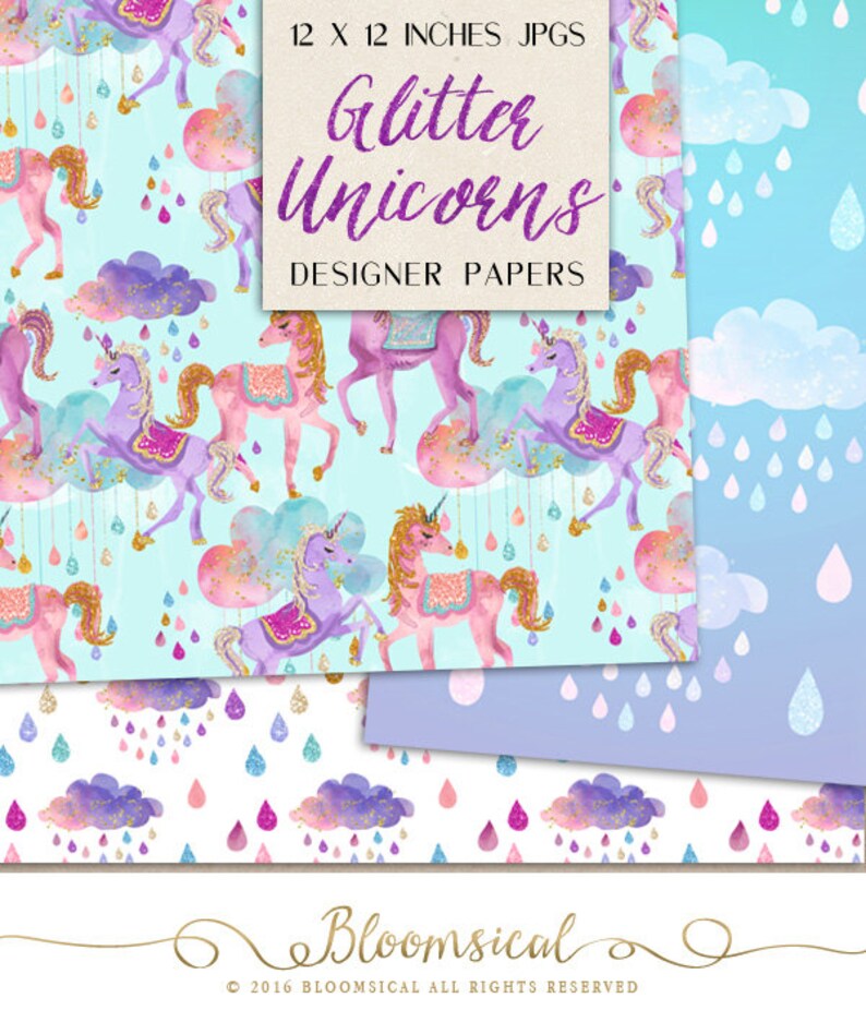 Unicorn Digital Papers | Glitter Unicorns Ponies Clouds Rainbow Pattern ...